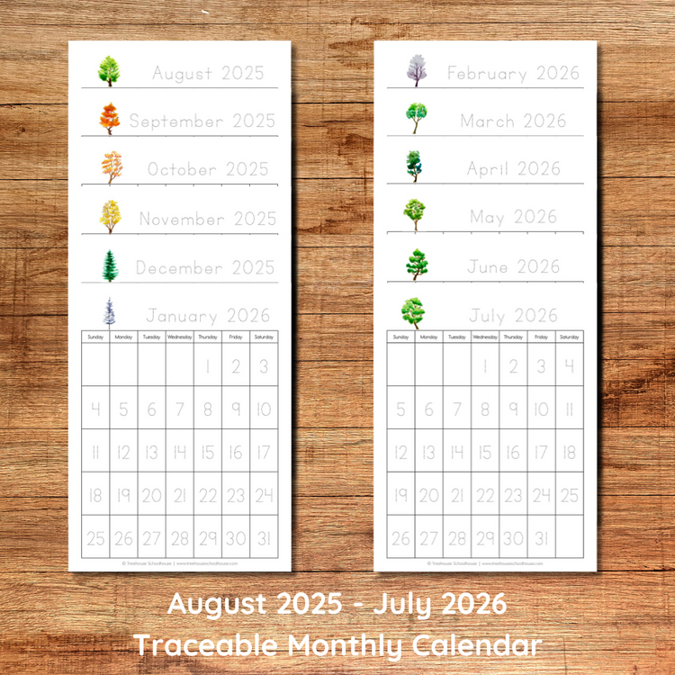 Traceable Monthly Calendar 2025-2026 – Treehouse Schoolhouse